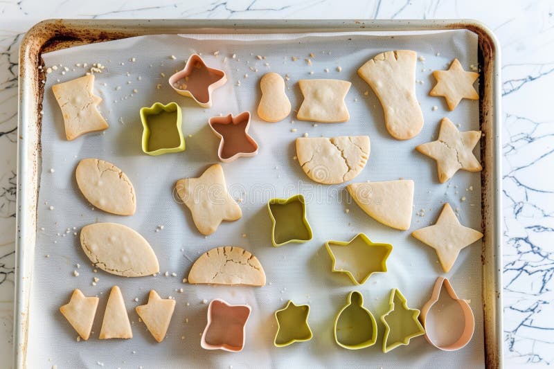 Baking Sheet with Various Shapes of Cutters and Raw Cookies Stock Photo ...