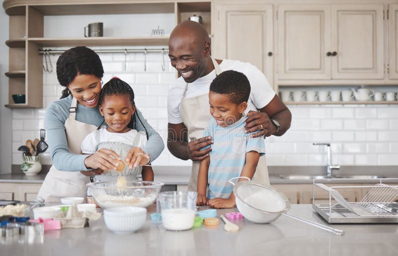 Baking, Smile and Black Family in Kitchen for Bonding, Learning and ...