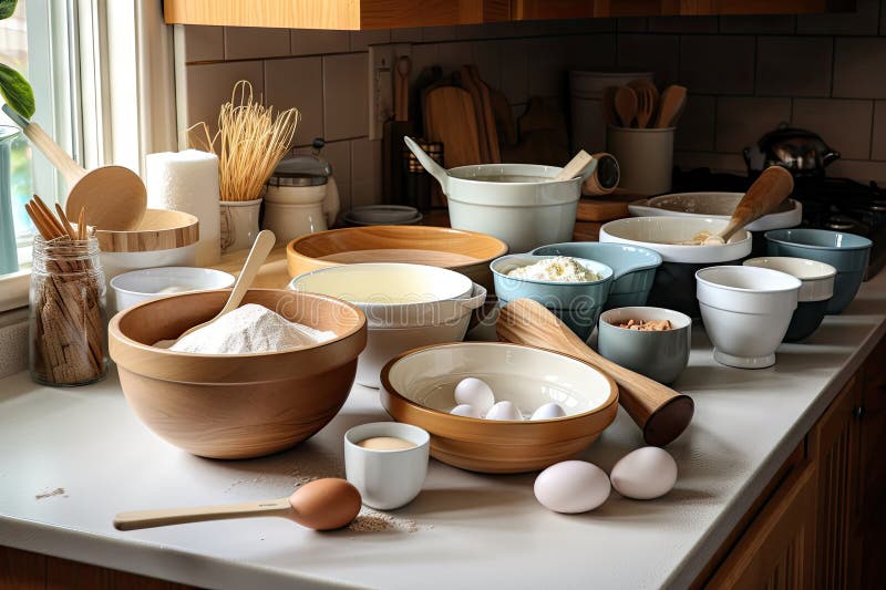 Baking Space with a Selection of Mixing Bowls, Measuring Cups, and ...