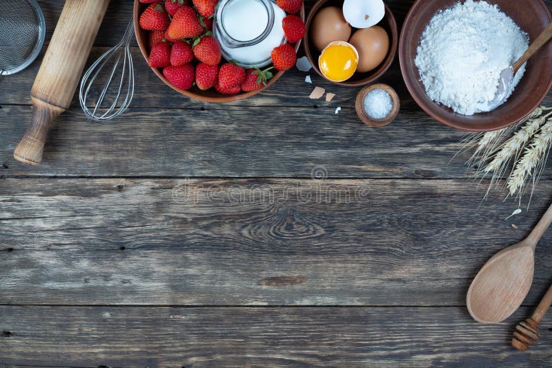 Baking Strawberry Tart. Wooden Table, Top View Stock Image - Image of ...
