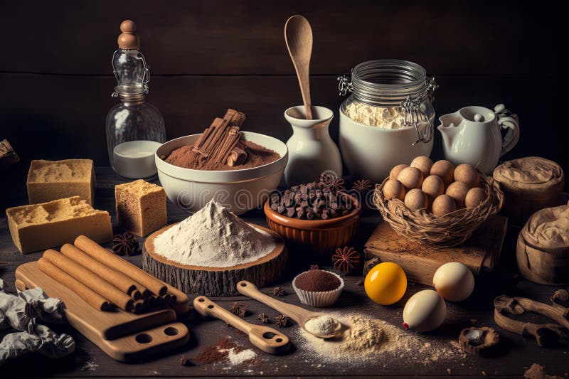 Baking Supplies on a Wooden Table Stock Illustration - Illustration of ...