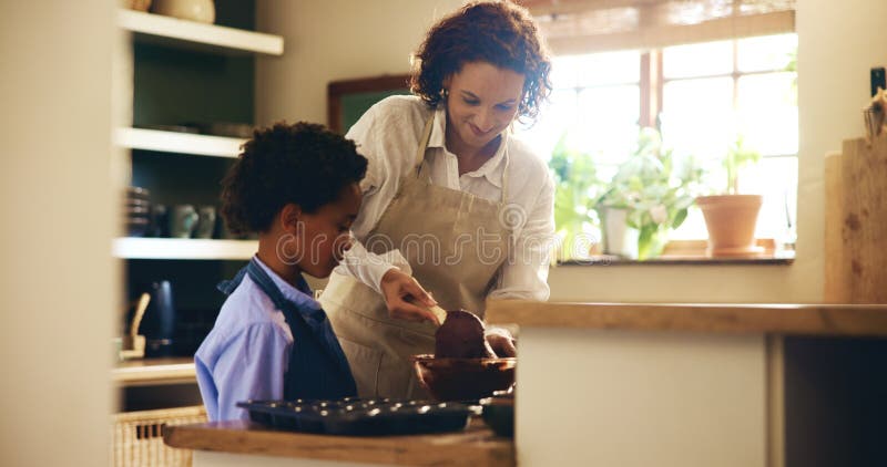 Baking, Teaching and Child with Mother in Kitchen for Skill Development ...