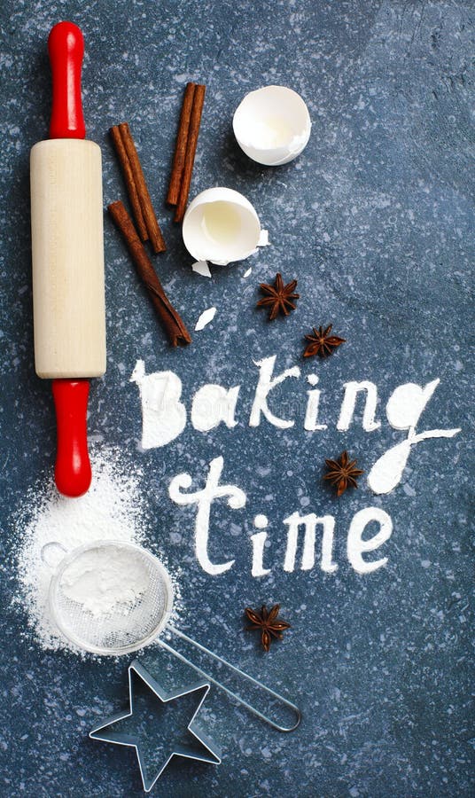 Baking Time. Flour Sprinkled on the Blue Table with Text Baking Stock ...