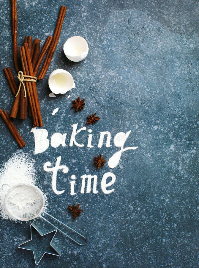 Baking Time. Flour Sprinkled on the Blue Table with Text Baking Stock ...