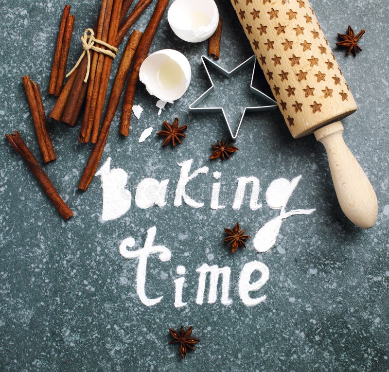 Baking Time. Flour Sprinkled on the Blue Table with Text Baking Time ...
