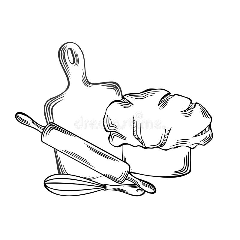 Baking Tools and Chefs Hat. Rolling Pin, Whisk and Cutting Board ...