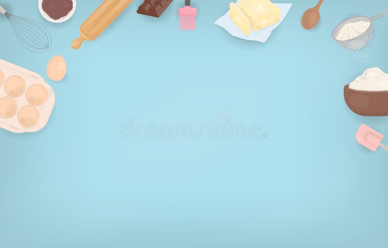 Baking Tools and Ingredients on Blue Background with Copy Space Stock ...