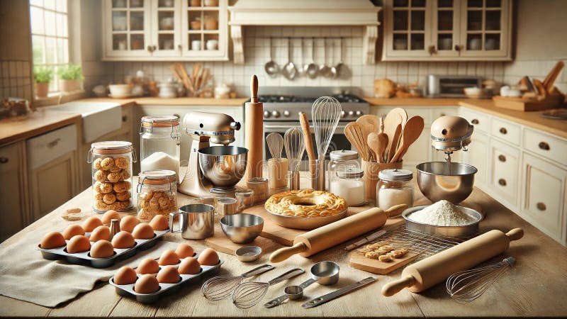 Baking Tools on a Kitchen Table: Bowls, Rolling Pins, Measuring Cups ...