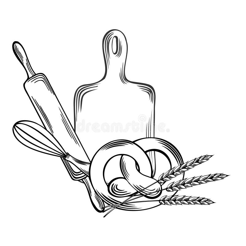 Baking Tools and Pretsel with Wheat Ears. Cutting Board, Rolling Pin ...