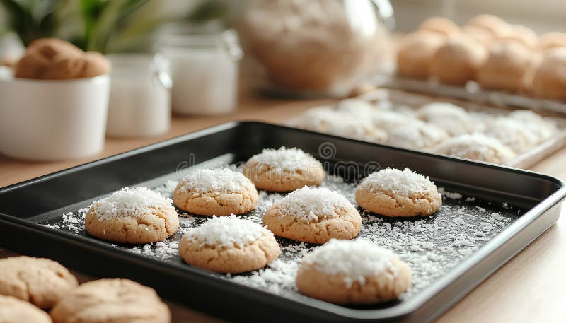 Baking Tray with Cookies and Coconut on Table, Closeup Stock Image ...