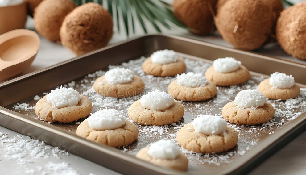 Baking Tray with Cookies and Coconut on Table, Closeup Stock Photo ...