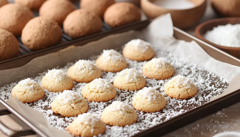 Baking Tray with Cookies and Coconut on Table, Closeup Stock Photo ...