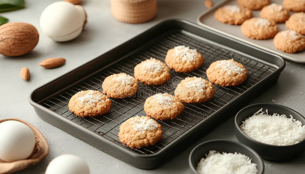 Baking Tray with Cookies and Coconut on Table, Closeup Stock Image ...