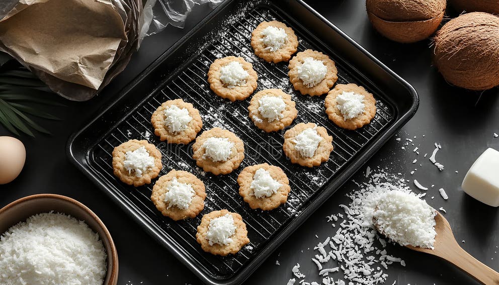 Baking Tray with Cookies and Coconut on Table, Closeup Stock Photo ...