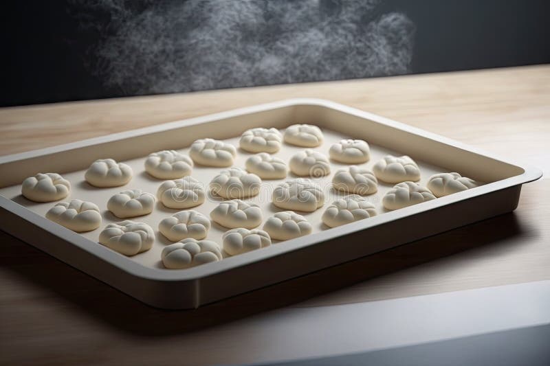 Baking Tray with Flat White Dough Pieces in Section on Blurry ...