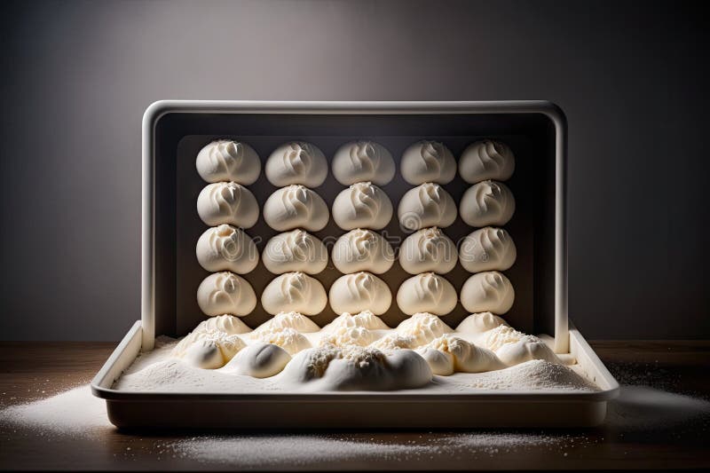 Baking Tray with Flat White Dough Pieces in Section on Blurry ...