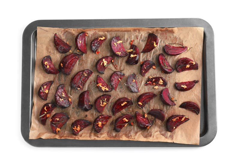 Baking Tray with Roasted Beetroot Slices on White Background, Top View ...