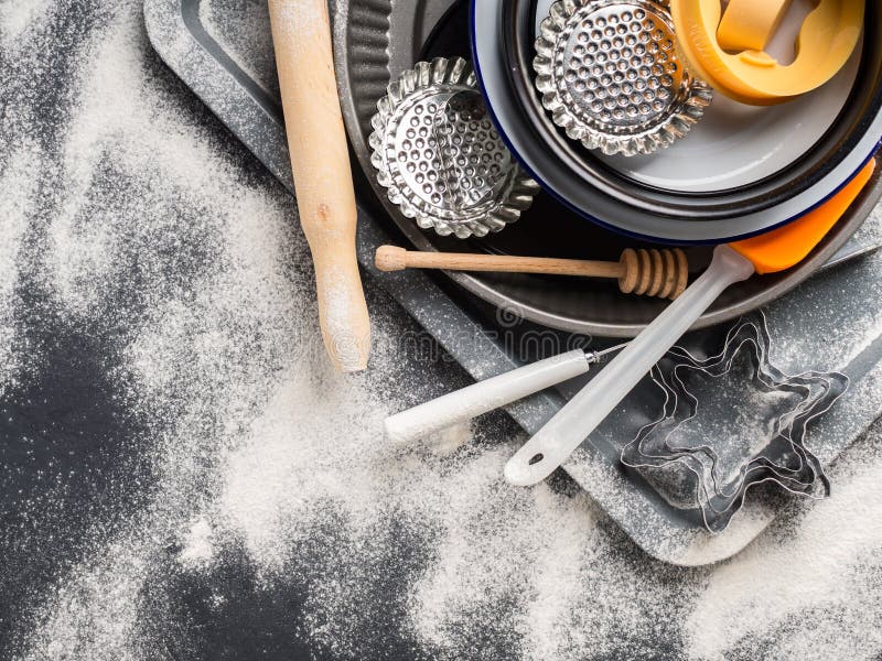 Baking Tools and Accessories. Christmas Dark Background Stock Image ...