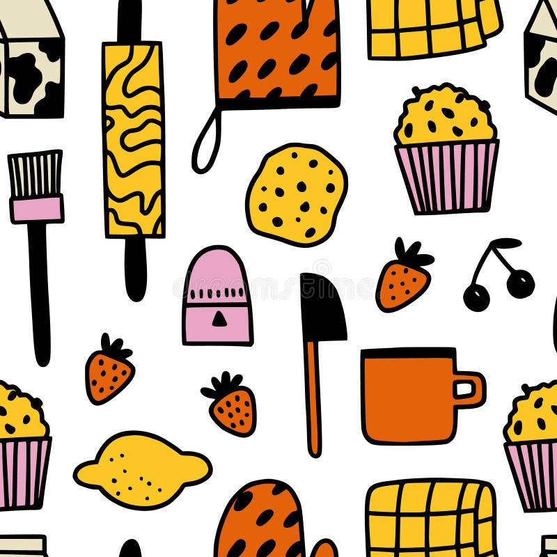 Baking Utensils Seamless Pattern. Cute Hand Drawn Doodle Icon Illustration for Bakery ...