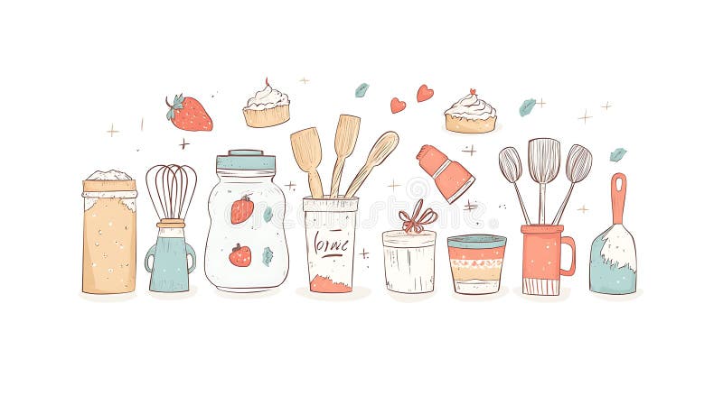 Baking Utensils, Strawberries, Cupcakes, and Hearts Illustration Stock Illustration ...