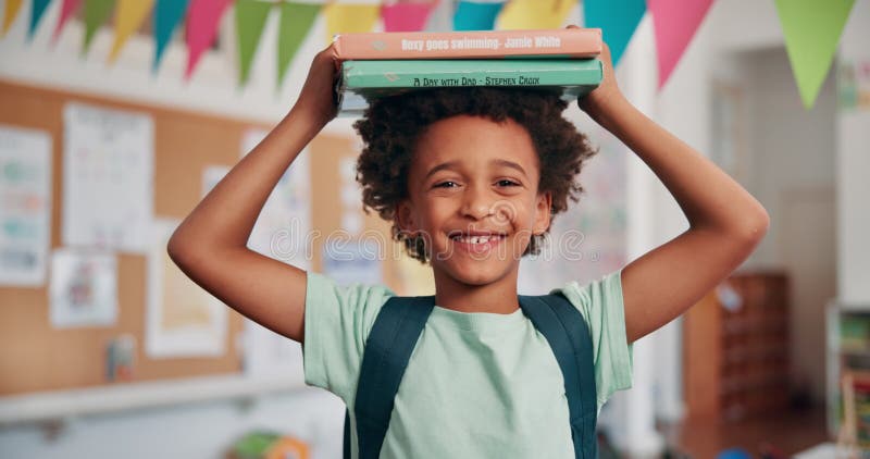 Balance, Books and Face of Boy Student in School Classroom for ...