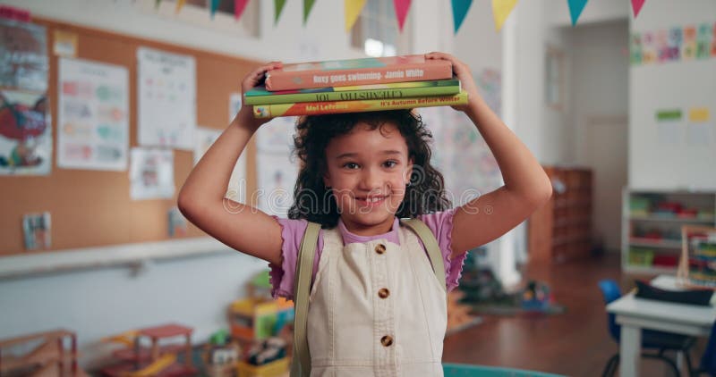 Balance, Books and Face of Girl Student in School Classroom for ...