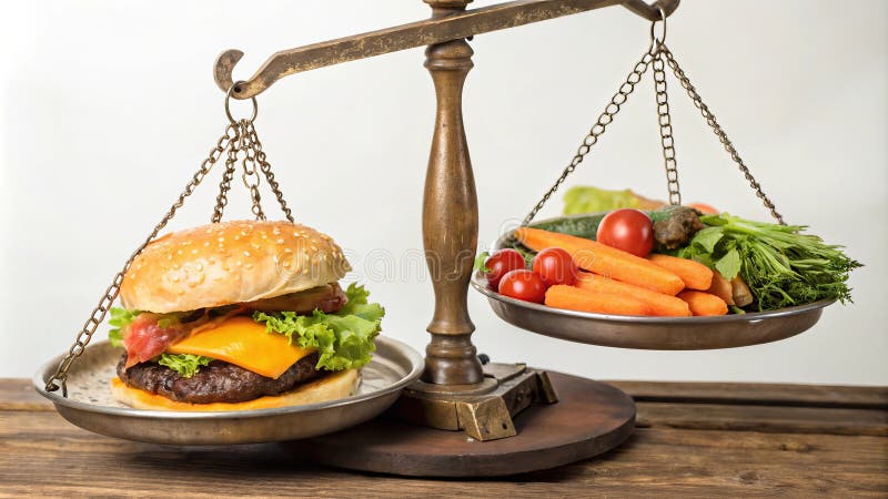 Balance between Fast Food and Fresh Vegetables on a Scale Stock Photo ...