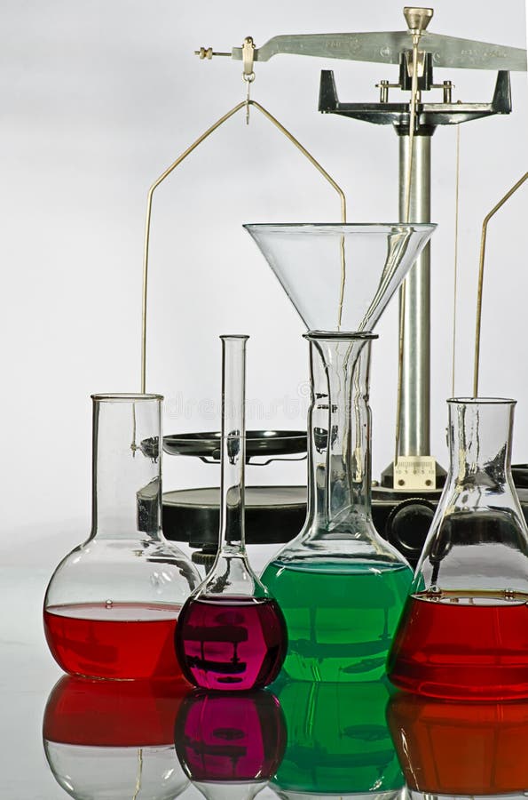 Balance and Laboratory Glassware Stock Image - Image of green, bottles ...