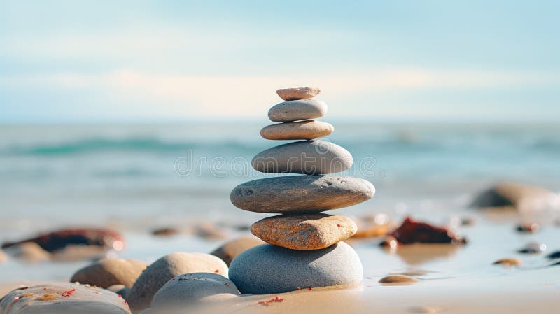Balance Pebble Stone in the Sand Beach at Sunset. Neural Network Ai ...