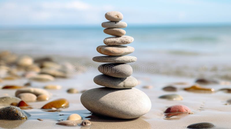 Balance Pebble Stone in the Sand Beach at Sunset. Neural Network Ai ...