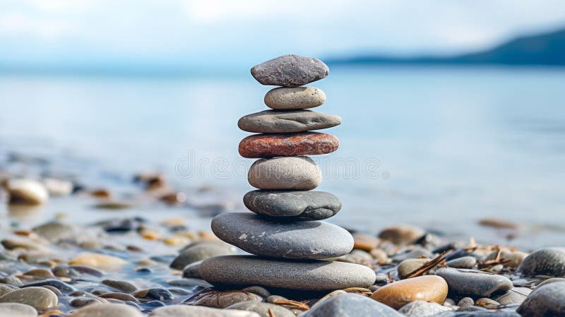 Balance Pebble Stone in the Sand Beach at Sunset. Neural Network Ai ...