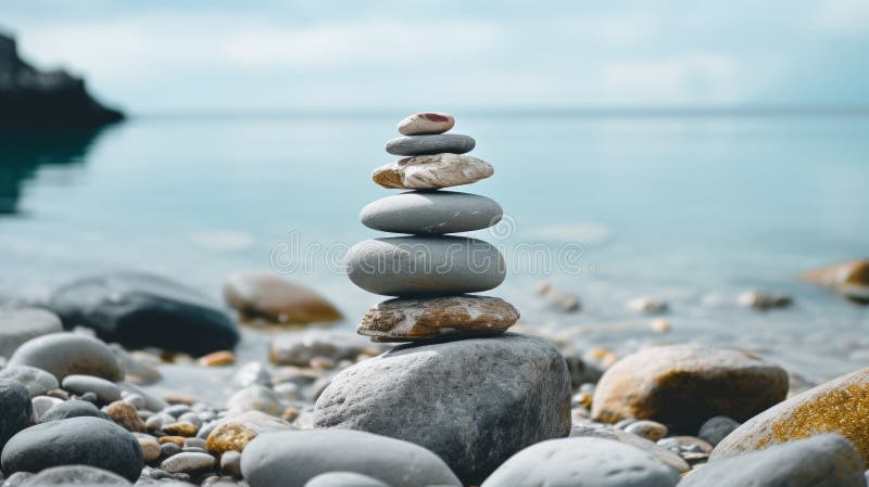 Balance Pebble Stone in the Sand Beach at Sunset. Neural Network Ai ...