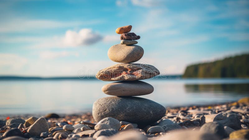 Balance Pebble Stone in the Sand Beach at Sunset. Neural Network Ai ...