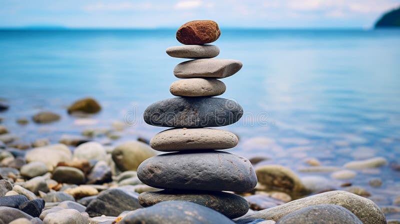 Balance Pebble Stone in the Sand Beach at Sunset. Neural Network Ai ...