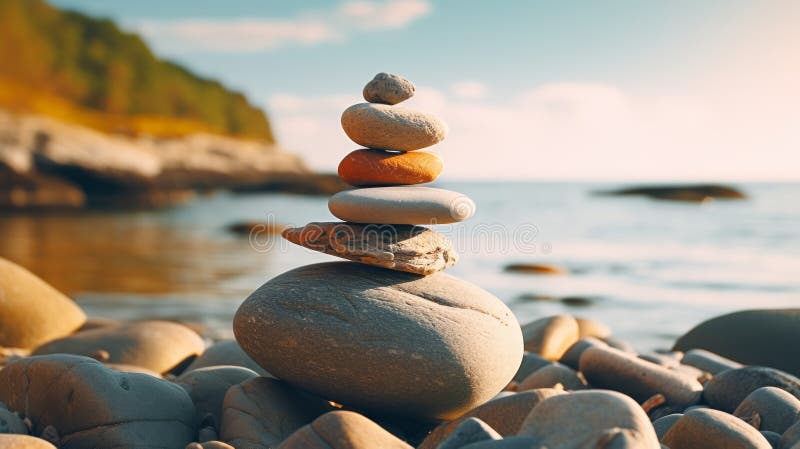 Balance Pebble Stone in the Sand Beach at Sunset. Neural Network Ai ...