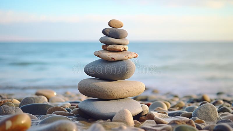 Balance Pebble Stone in the Sand Beach at Sunset. Neural Network Ai ...