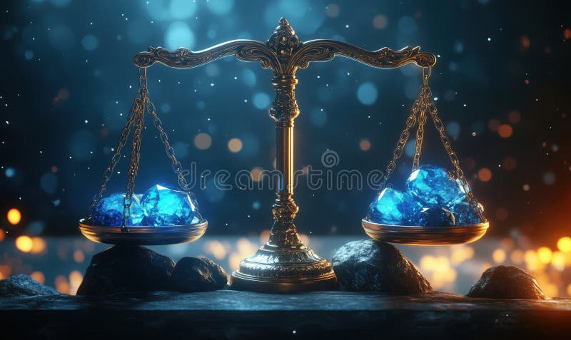 Balance Scale with Blue Crystals Representing Value and Wealth in a ...