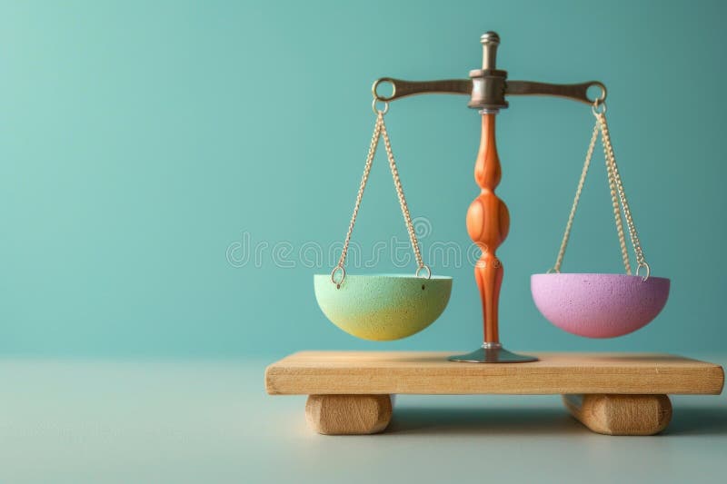 Balance Scale Comparing Two Colored Bowls on Turquoise Background Stock ...