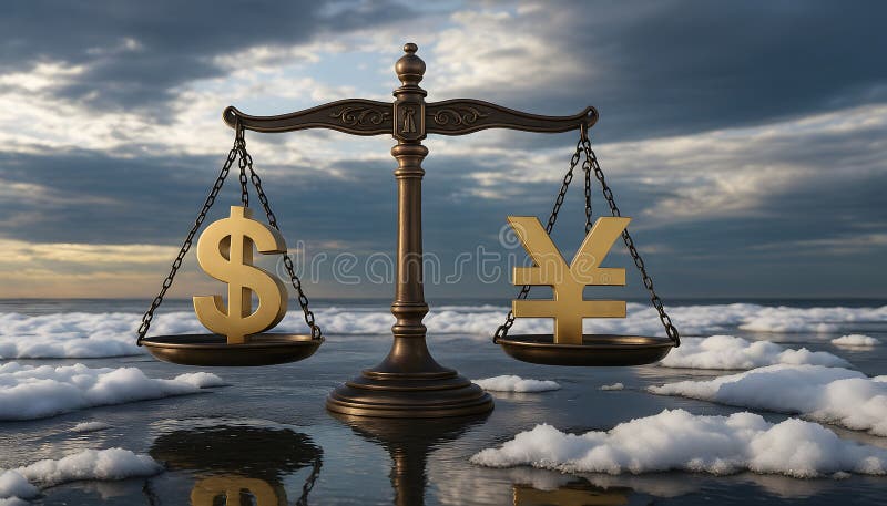 Balance Scale with Dollar Sign and Yen Sign Positioned Over Snow ...