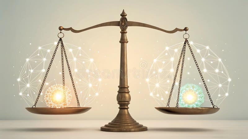 Balance Scale with Glowing Orbs Inside Network Structures Representing ...