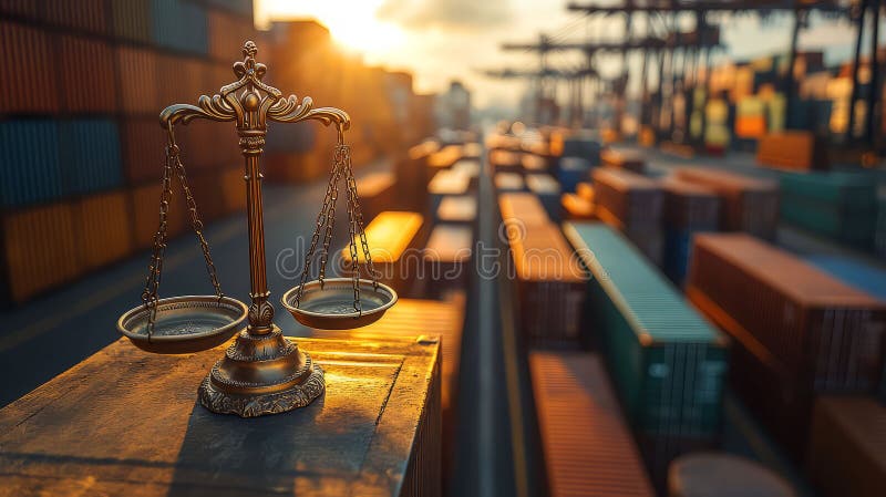 A Balance Scale Symbolizing Justice Against a Backdrop of Shipping ...