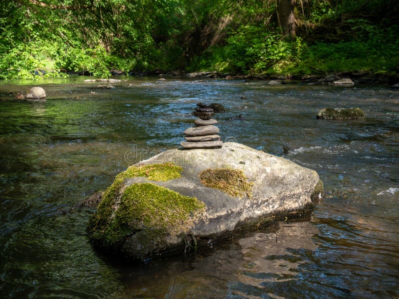 Balance Stones on a River in the Forest Stock Photo - Image of pyramid ...