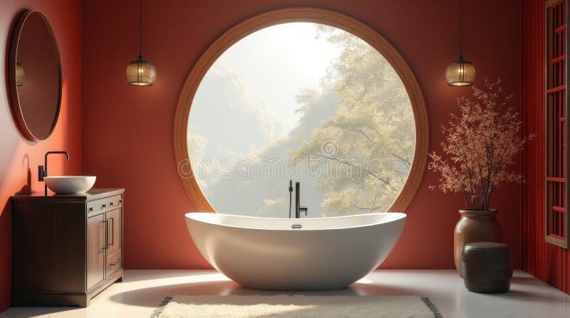 A Balanced Bathroom with a Freestanding Tub Beneath a Circular Moon ...