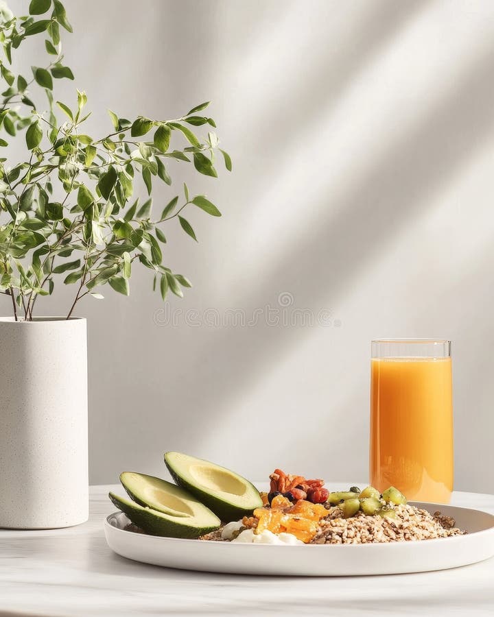 Balanced Breakfast Dish with Avocado, Whole Grains, and Fruit, Set on a ...