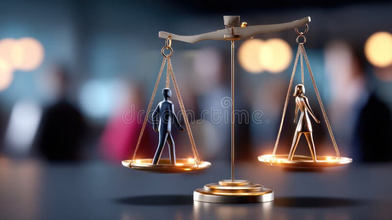 Balanced Bronze Scale with Male and Female Figures Symbolizing Fairness ...