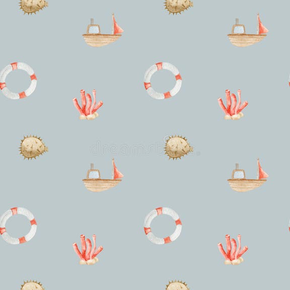 Nautical Medley: Repeating Pattern Featuring a Wooden Boat, Life Buoy ...