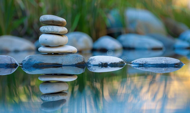 Balanced Composition of River Rocks in a Serene Pond Stock Photo ...