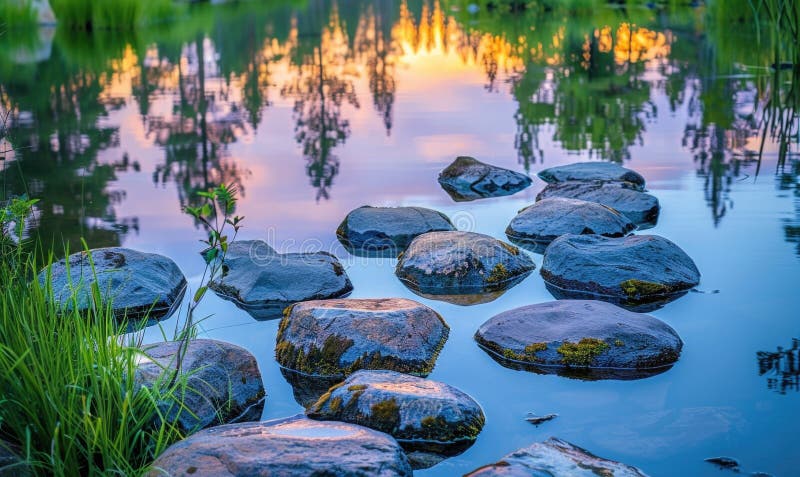 Balanced Composition of River Rocks in a Serene Pond Stock Image ...