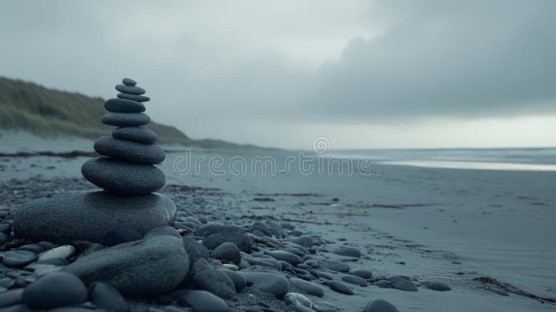 Balanced Dark Grey Stones Stack on Wet Black Sand Beach Under Cloudy ...