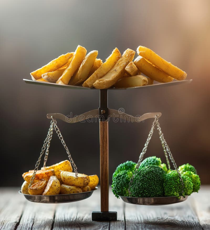 Balanced Diet Comparison of Fried Potatoes and Fresh Broccoli on a ...